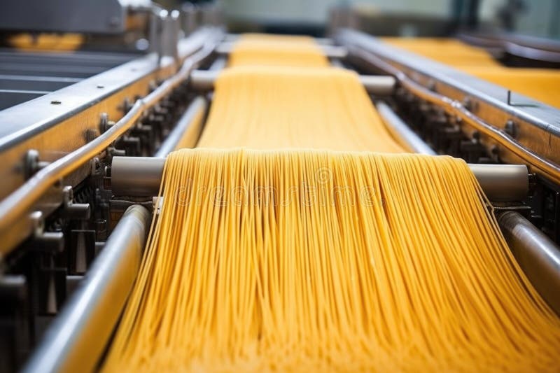 Uncooked Spaghetti Strands Neatly Aligned on the Conveyor Belt Stock ...