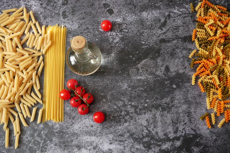 Uncooked Various Types of Pasta, Raw Pasta Set and Tomato, Set, Top ...
