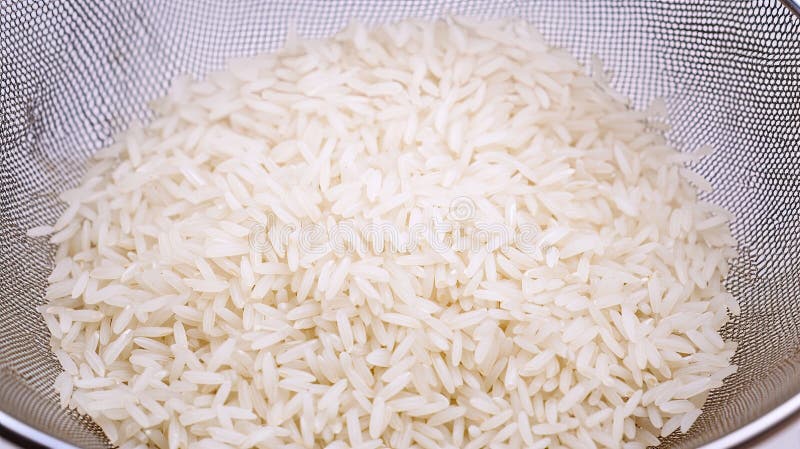 Rinsing Uncooked White Rice Grains in a Mesh Strainer in a Kitchen ...
