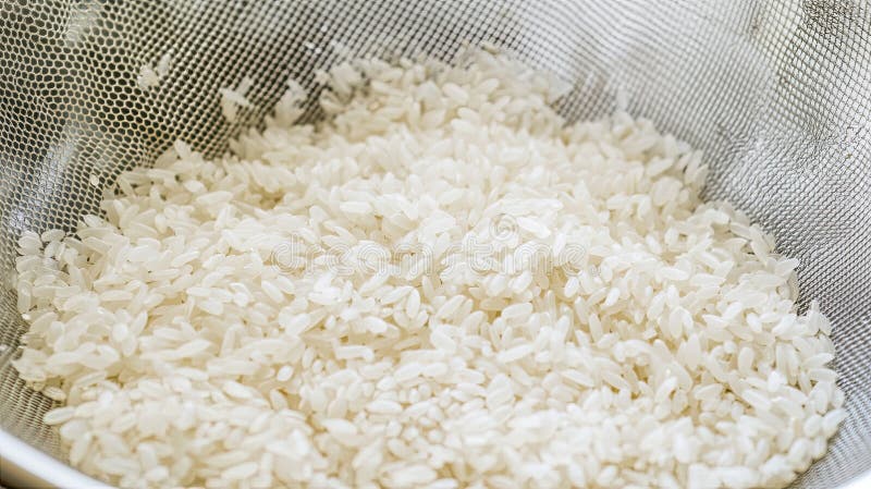 Rinsing Uncooked White Rice Grains in a Mesh Strainer in a Kitchen ...
