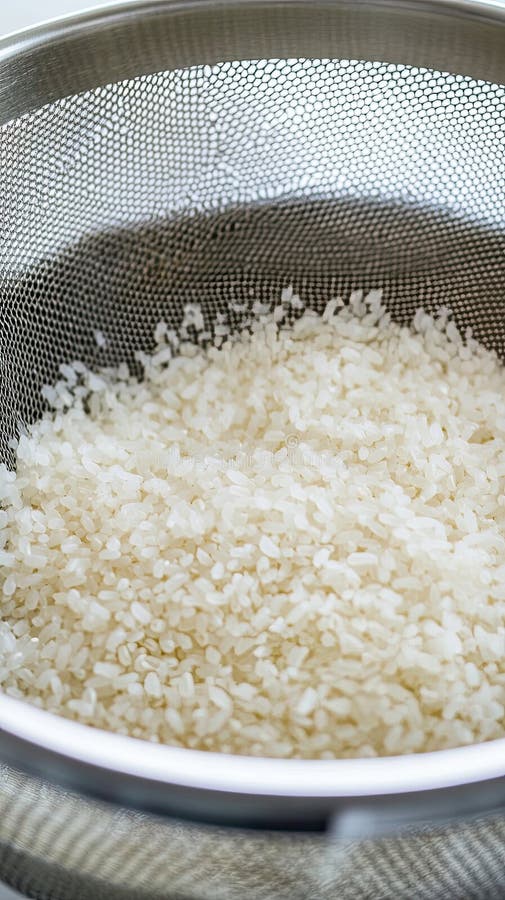 Rinsing Uncooked White Rice Grains in a Mesh Strainer in a Kitchen ...