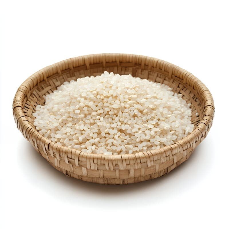 Uncooked White Rice Grains in a Woven Bamboo Basket Bowl Stock ...