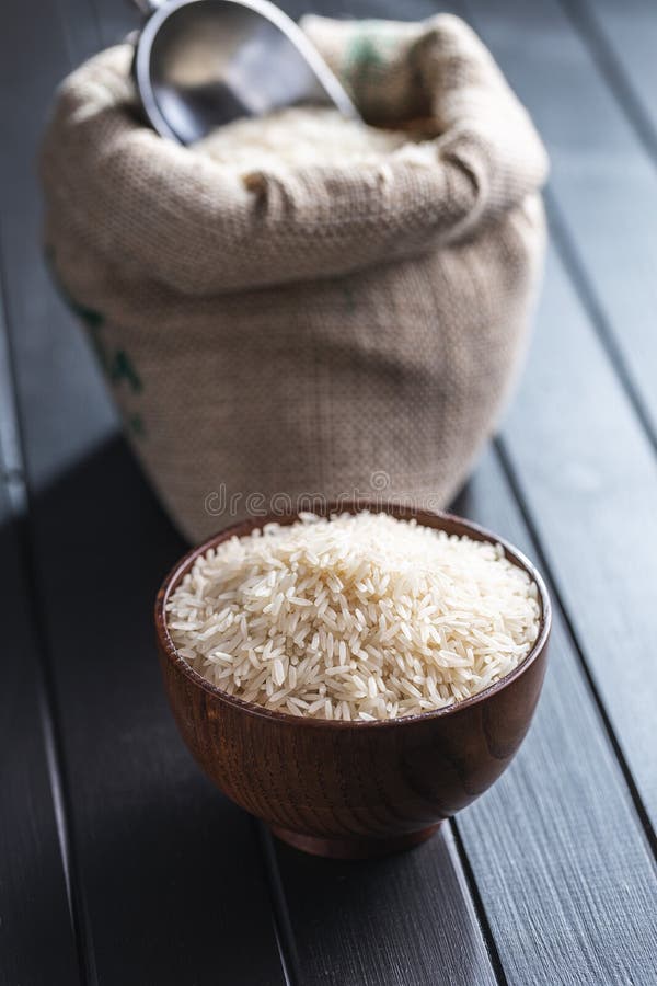 Uncooked White Rice in Wooden Bowl Stock Image - Image of cuisine, crop ...