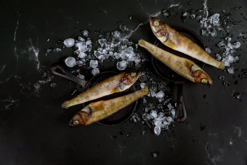 Uncooked Whole Fish with Ice on Black Table Stock Image - Image of ...
