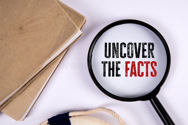 Uncover the Facts. Magnifying Glass and Stack of Books on White Table ...
