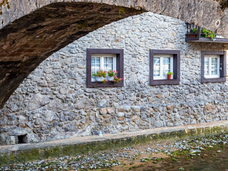 Under a Bridge at the Bottom of a River in a Basque Village, Ea Stock ...
