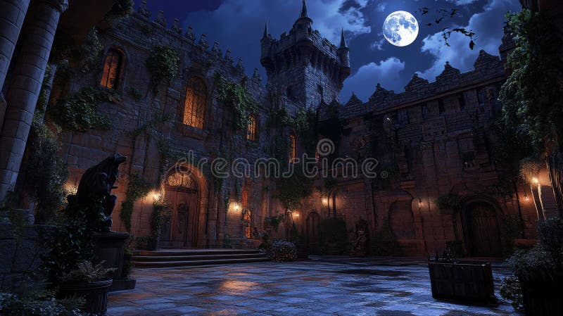 A Haunting Moonlit Courtyard Inside a Gothic Castle, Shrouded in ...