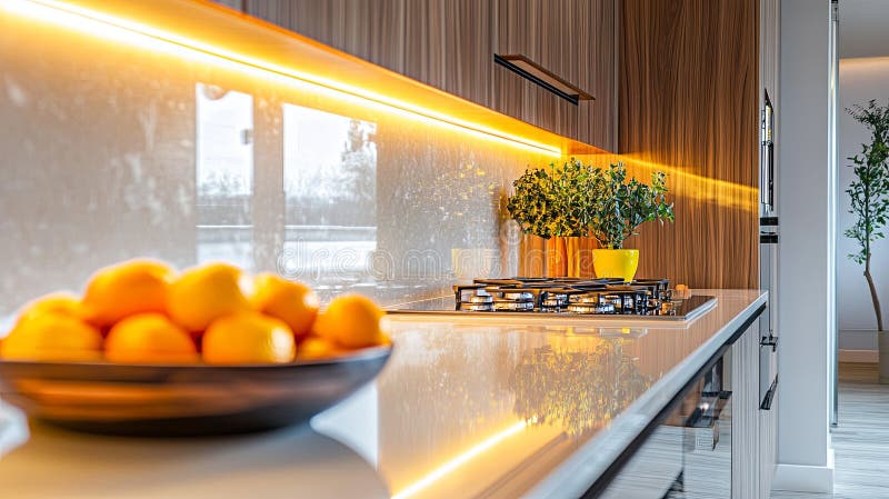 Under-cabinet LED Lighting in a Contemporary Kitchen, Highlighting a ...