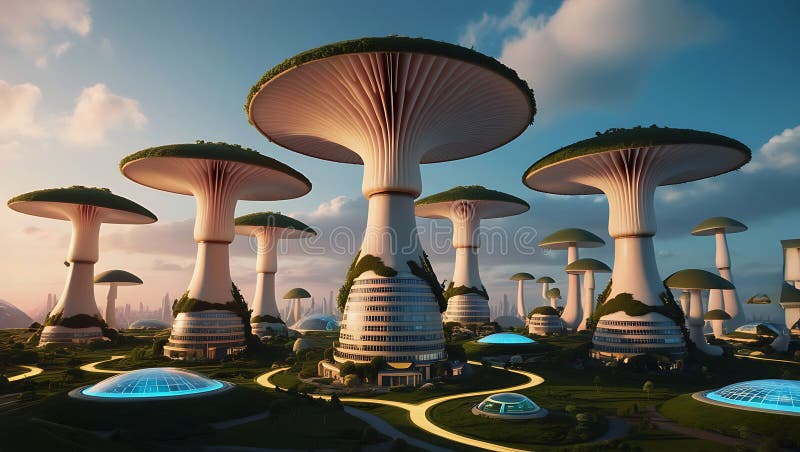 A Futuristic City Mushroom Structures. Stock Illustration ...