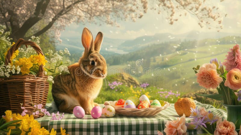 Rabbit on Picnic Table with Eggs Against Sky and Natural Surroundings ...