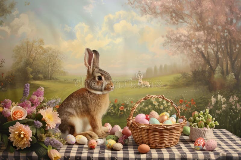 Rabbit on Picnic Table with Eggs Against Sky and Natural Surroundings ...