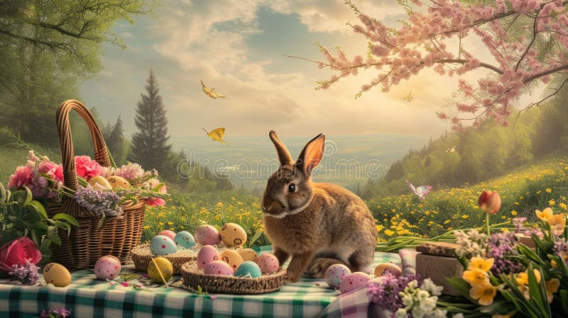 Rabbit on Picnic Table with Eggs Against Sky and Natural Surroundings ...