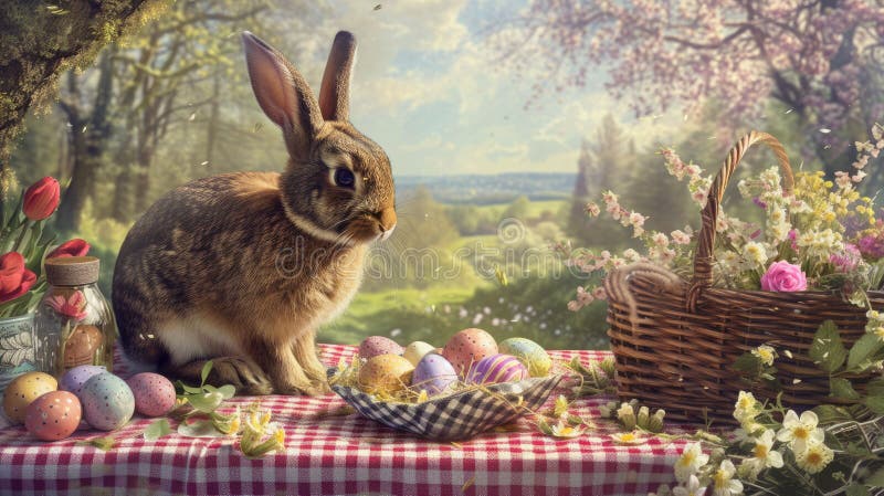Rabbit on Picnic Table with Eggs Against Sky and Natural Surroundings ...