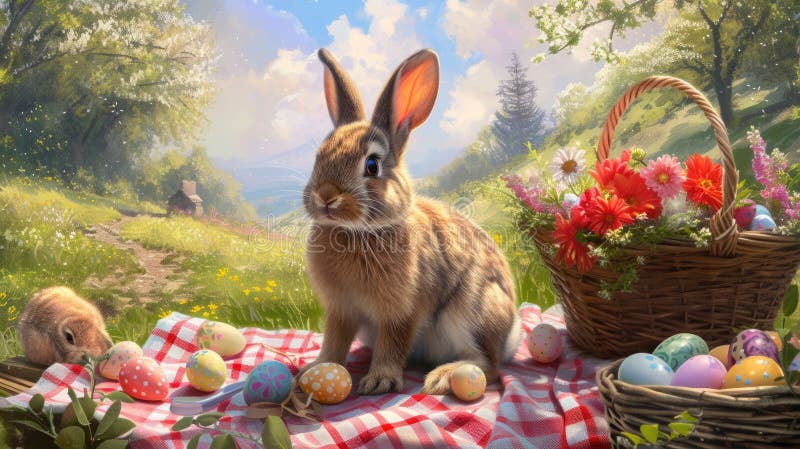 Rabbit on Picnic Table with Eggs Against Sky and Natural Surroundings ...