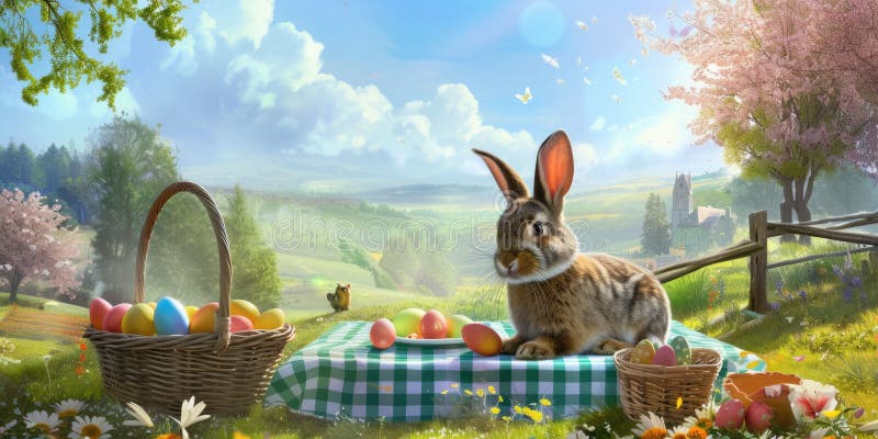 Rabbit on Picnic Table with Eggs Against Sky and Natural Surroundings ...