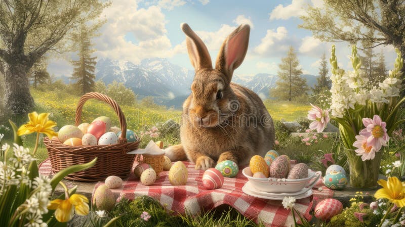 Rabbit on Picnic Table with Eggs Against Sky and Natural Surroundings ...