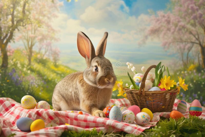 Rabbit on Picnic Table with Eggs Against Sky and Natural Surroundings ...