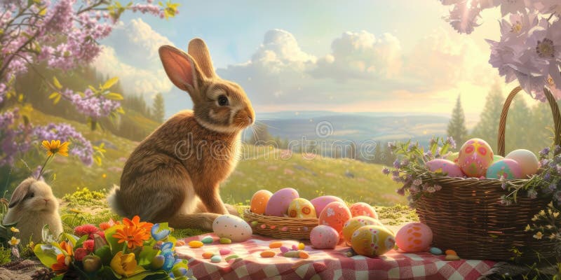 Rabbit on Picnic Table with Eggs Against Sky and Natural Surroundings ...