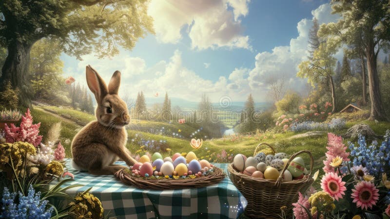 Rabbit on Picnic Table with Eggs Against Sky and Natural Surroundings ...