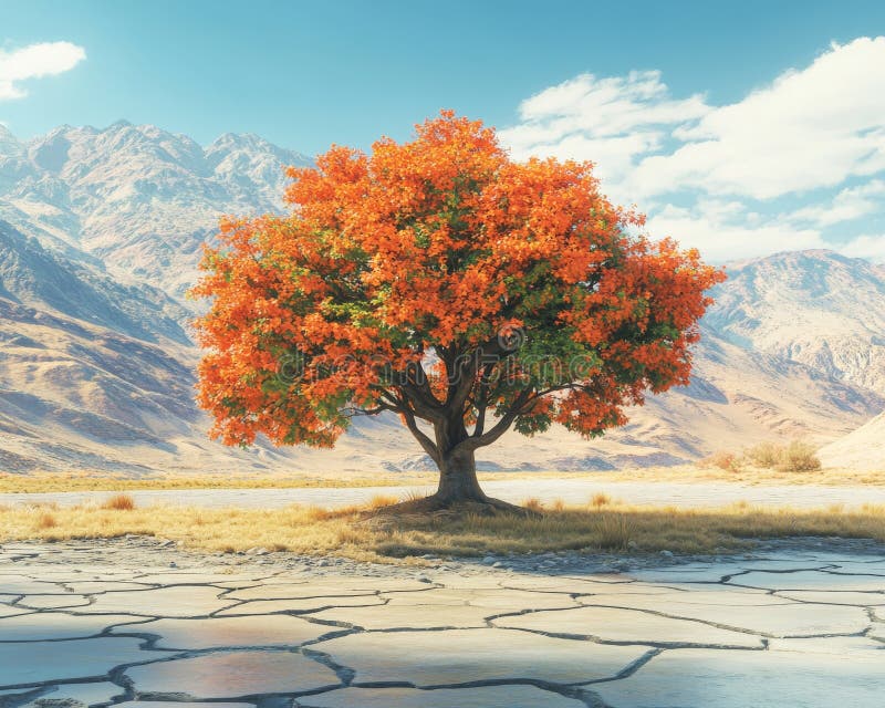 Under a Cloudy Sky, a Vibrant Tree Stands in Isolation on the Cracked ...
