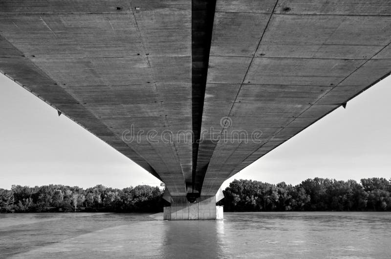 Under the Concrete Bridge, Modern Architecture with River. Black and ...