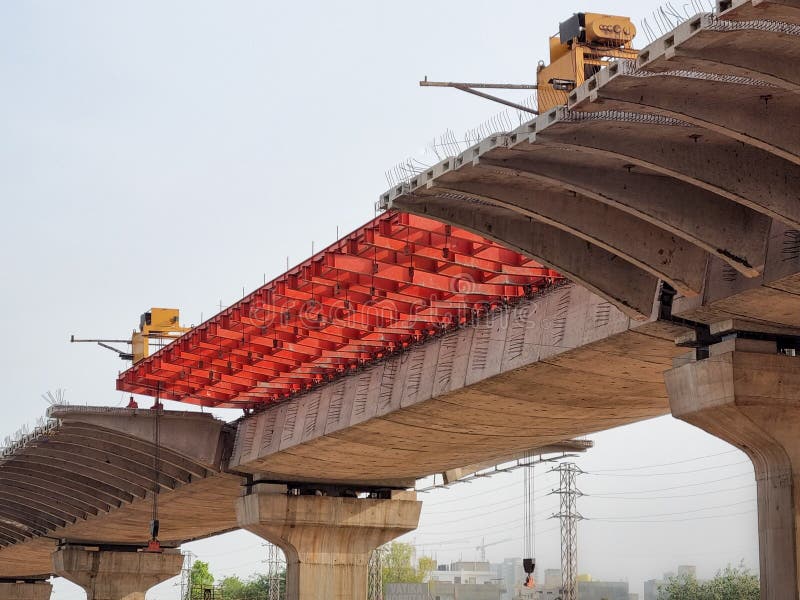 Under Construction Bridge with Red Supports Placed for Metro Train ...