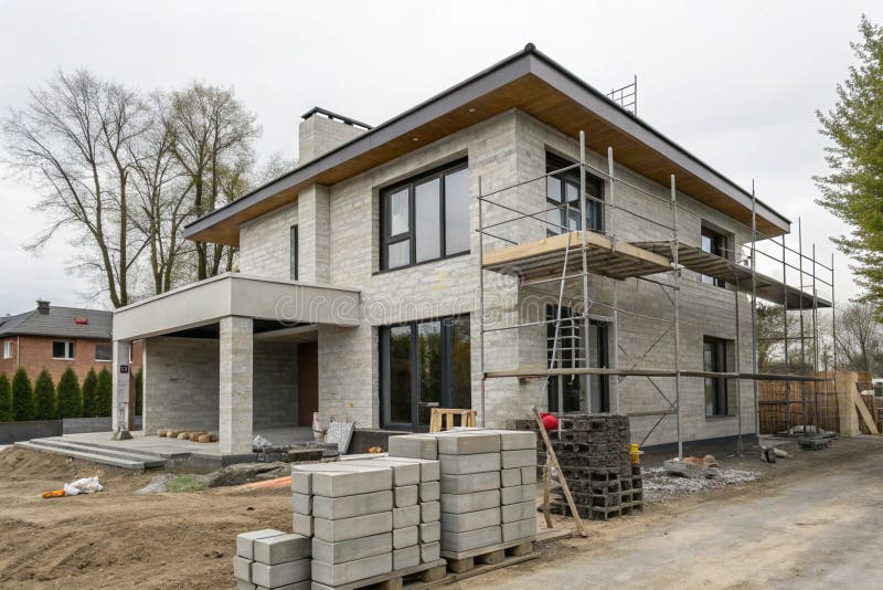 Under Construction House with Concrete Blocks and Bricks Stock ...