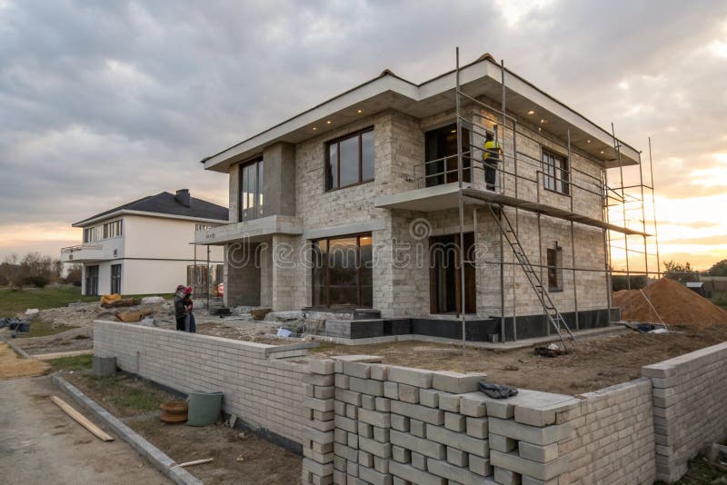 Under Construction Modern Villa with Concrete Blocks Stock Illustration ...