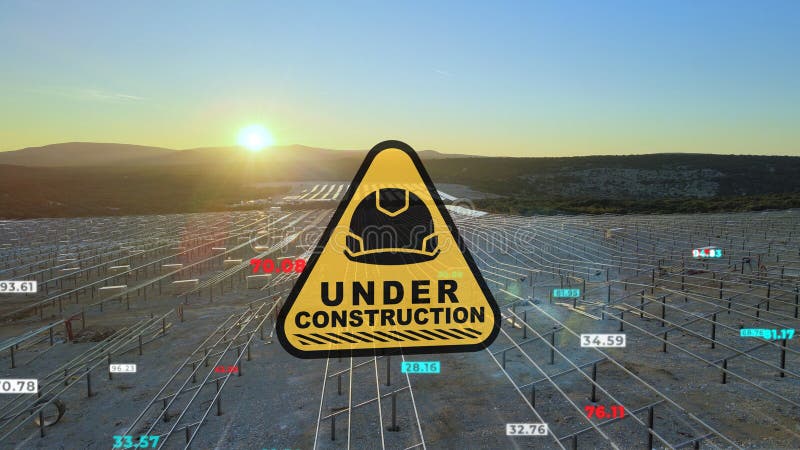Under Construction Sign and Infographics in Front of a Solar Field Site ...