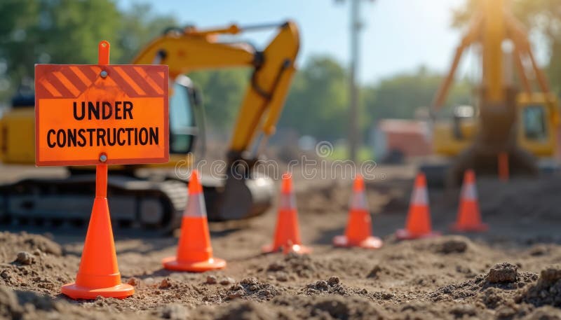 Under Construction Sign at Site with Excavators, Traffic Cones. Work ...