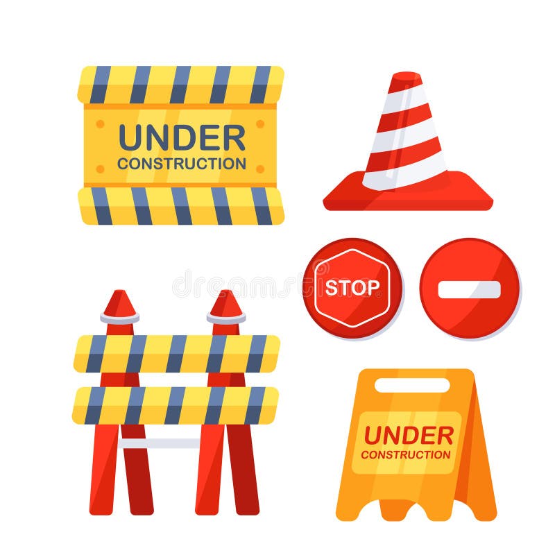 Under Construction Sign. Traffic Road Barriers Set. Wrong Way Stop ...