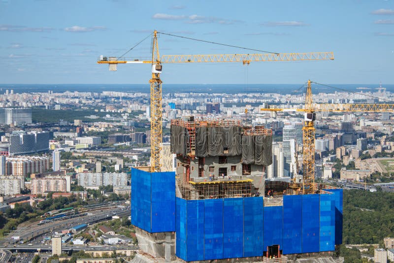 Under Construction Skyscraper Complex in Moscow City. Cranes ...