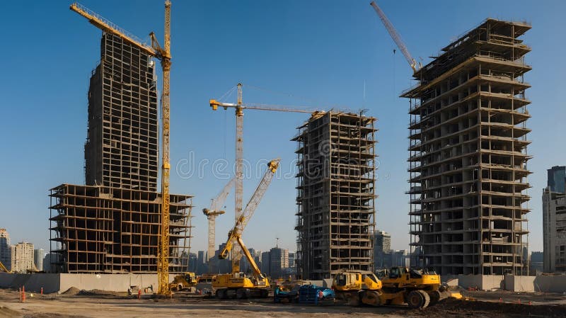 Under Construction Skyscraper with Steel Framework and Towering Cranes Stock Illustration ...