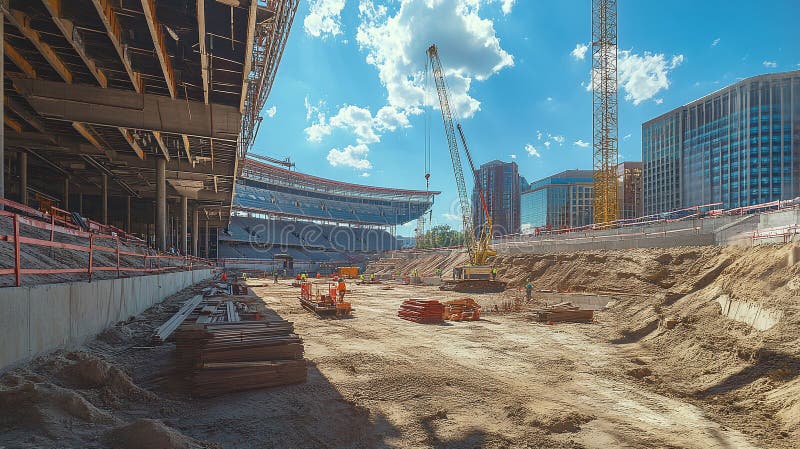 An Under-construction Stadium with Cranes and Workers Installing ...