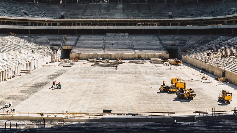 An Under-construction Stadium with Cranes and Workers Installing ...