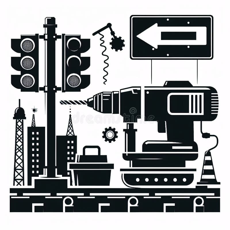 Under Construction Transit Signal. Drill Machine Silhouette. Generative ...