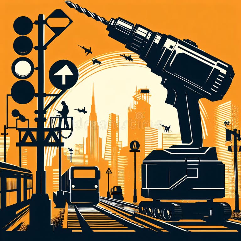 Under Construction Transit Signal. Drill Machine Silhouette. Vector ...