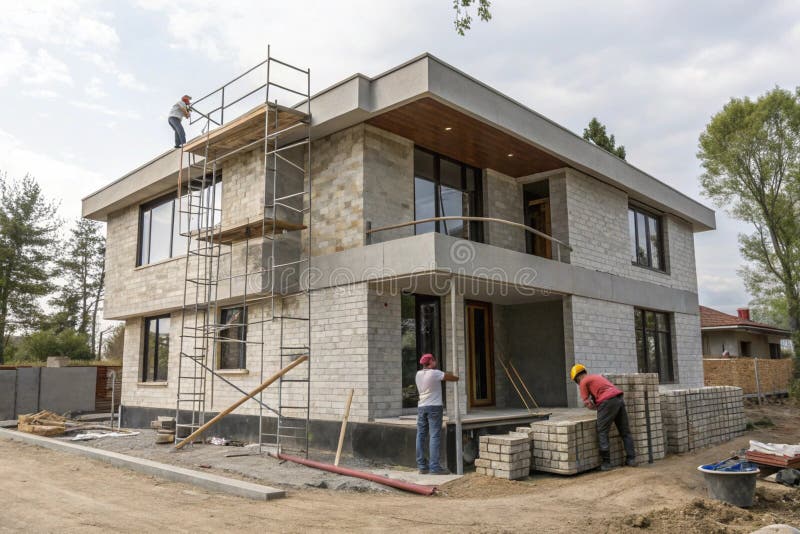 Under Construction Two-story House with Modern Design Stock Illustration - Illustration of ...