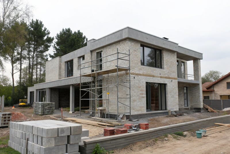 Under Construction Villa with Modern Design and Concrete Blocks Stock ...