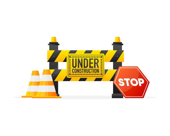 Under Construction Warning Sign and Traffic Cones. Warning Barrier ...