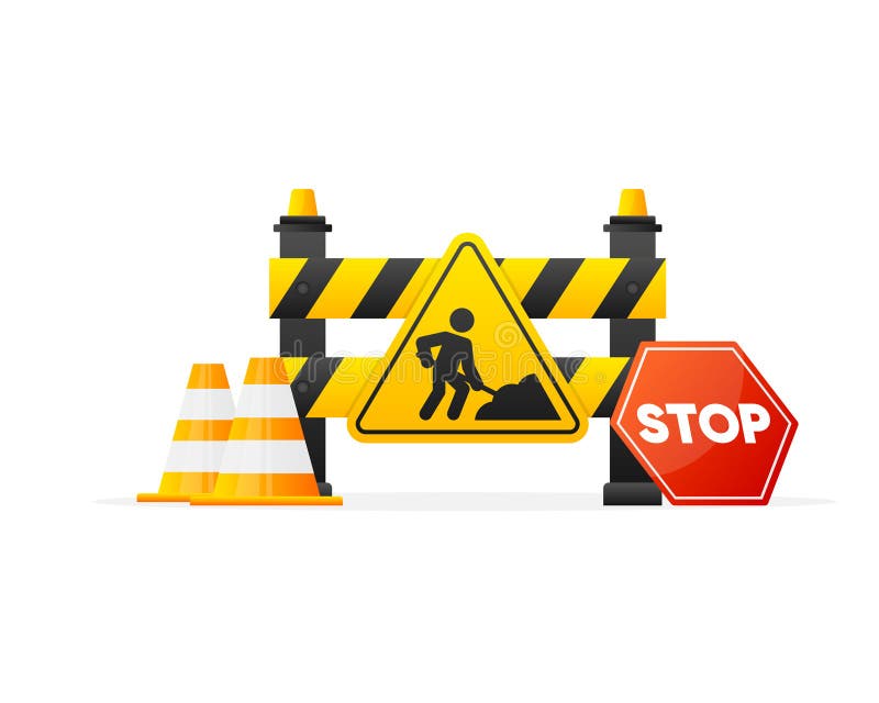 Under Construction Warning Sign and Traffic Cones. Warning Barrier ...