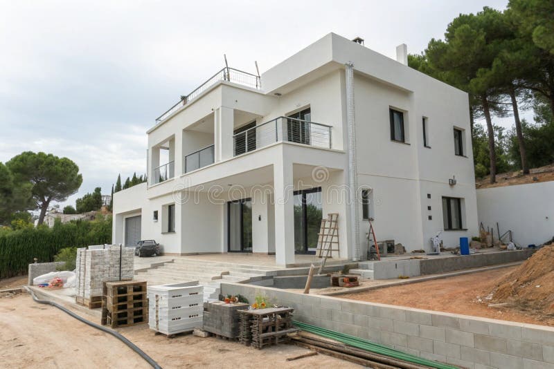 Under Construction White Villa with Modern Design Stock Illustration ...