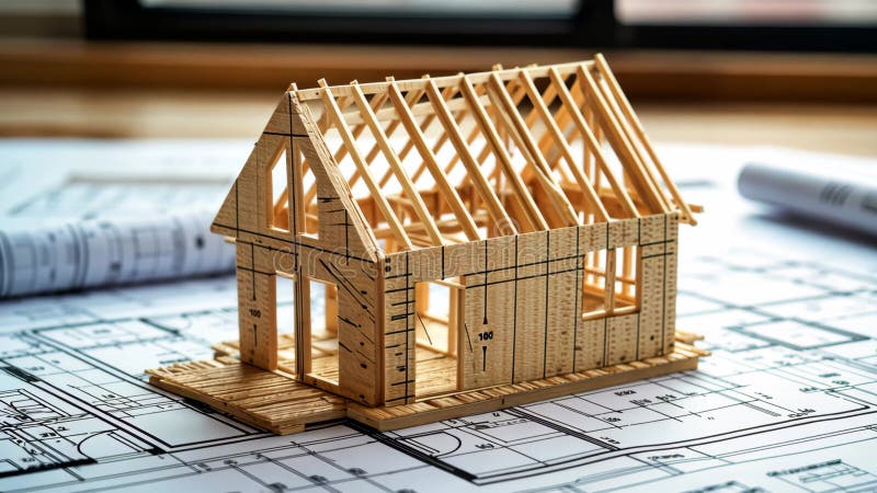 Under Construction Wooden Frame House Model on Blueprints with Copy ...