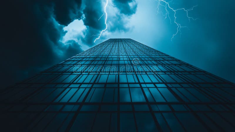 Under Dark Storm Clouds, a Vivid Lightning Strike Highlights a Tall ...