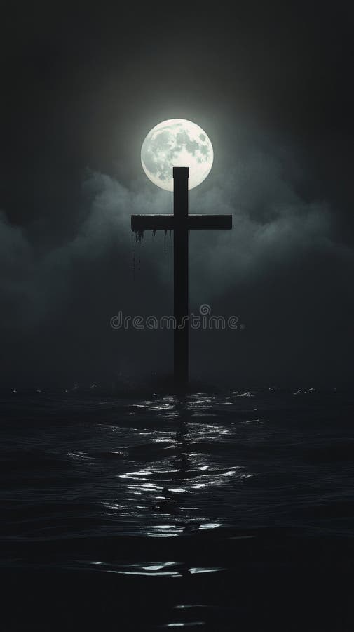 Under the Light of a Full Moon, a Cross Silhouette is Reflected in ...