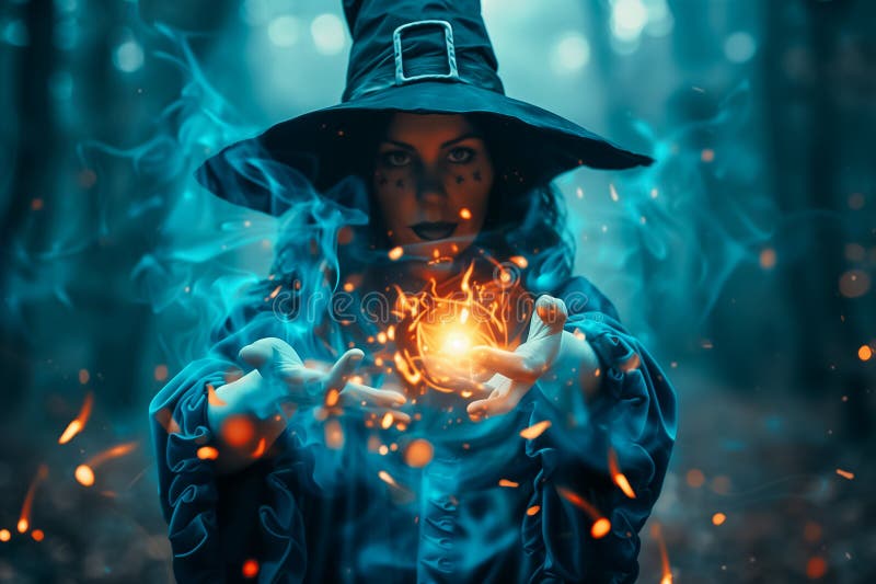 Under the Moonlight, a Witch in a Black Hat Creates Glowing Orbs of ...