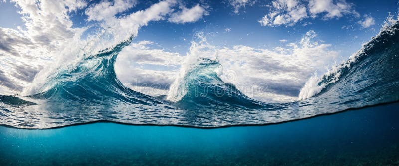 Under and Over Ocean Waves with Cloudy Sky, a Dual Perspective of Sea ...