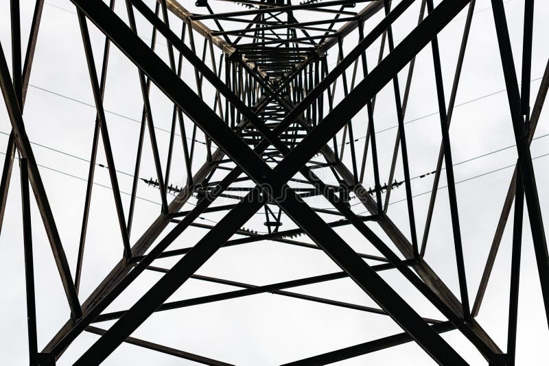 Under Overhead High-voltage Power Line Tower. View from Bottom of ...