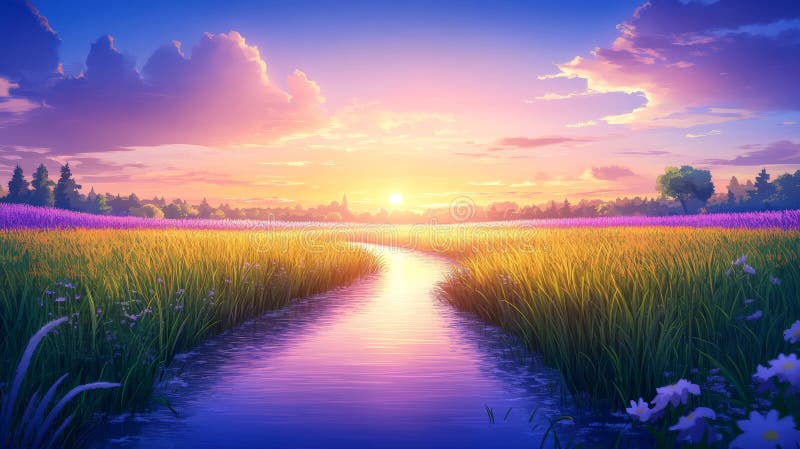 Under a Pastel Sky, a Peaceful Sunset Scene Develops Over Golden Grass ...