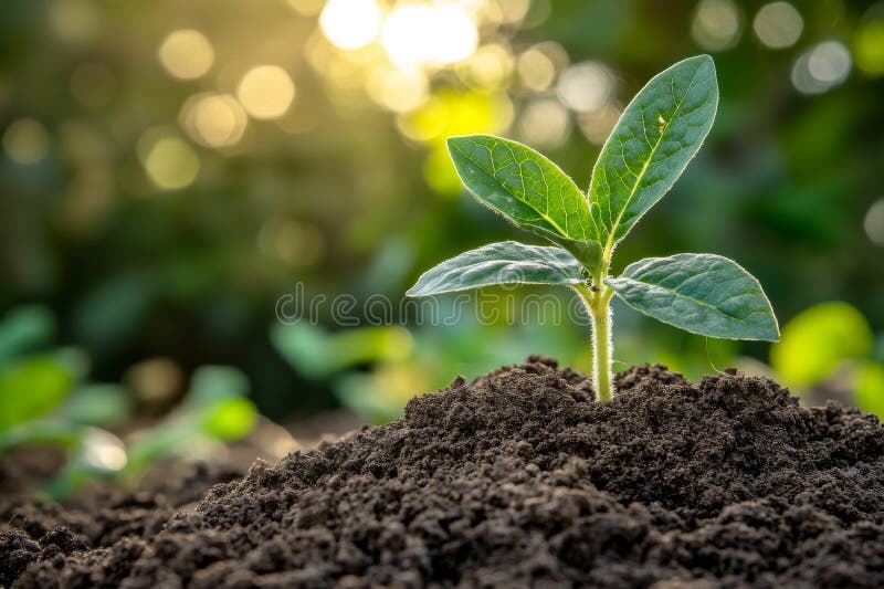 Under the Rays of the Sun, a Sprout with Leaves Grows from the Ground ...